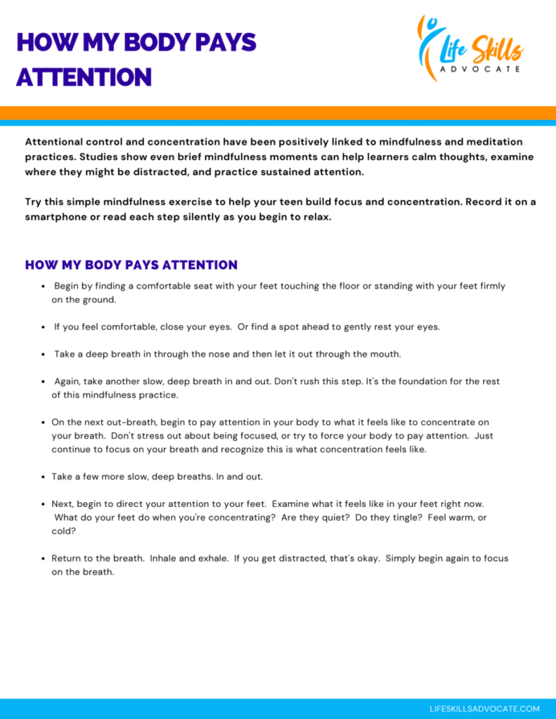 Free How My Body Pays Attention Exercise | Life Skills Advocate