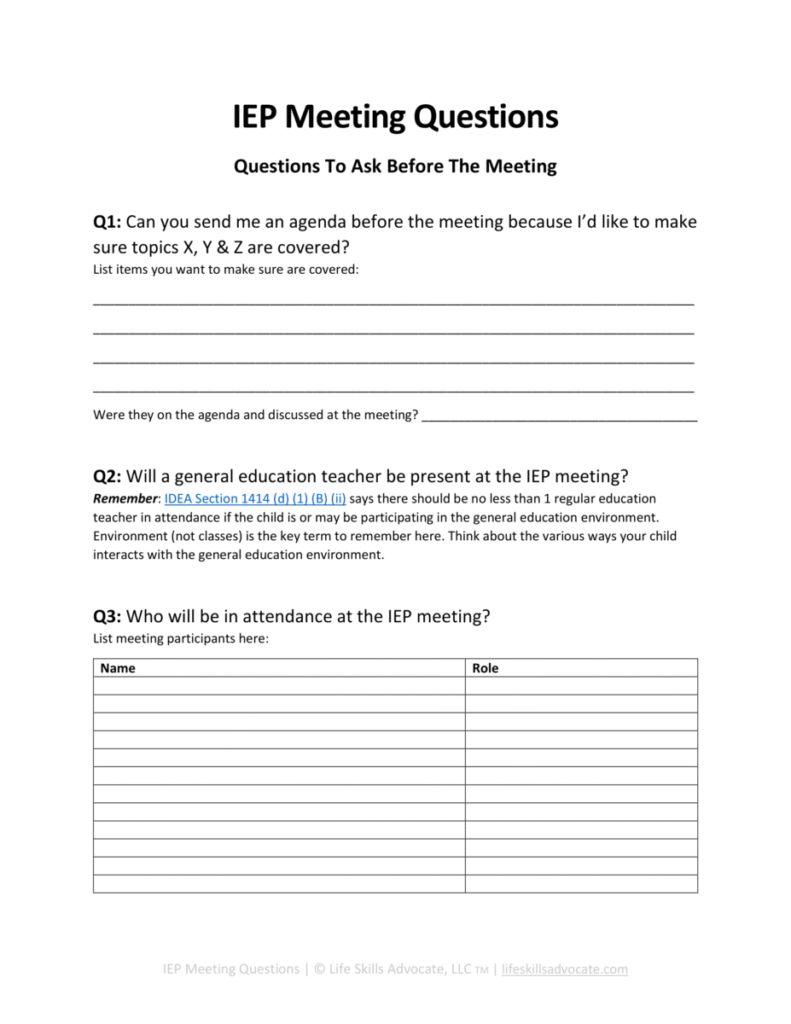 Free IEP Meeting Questions Worksheet | Life Skills Advocate